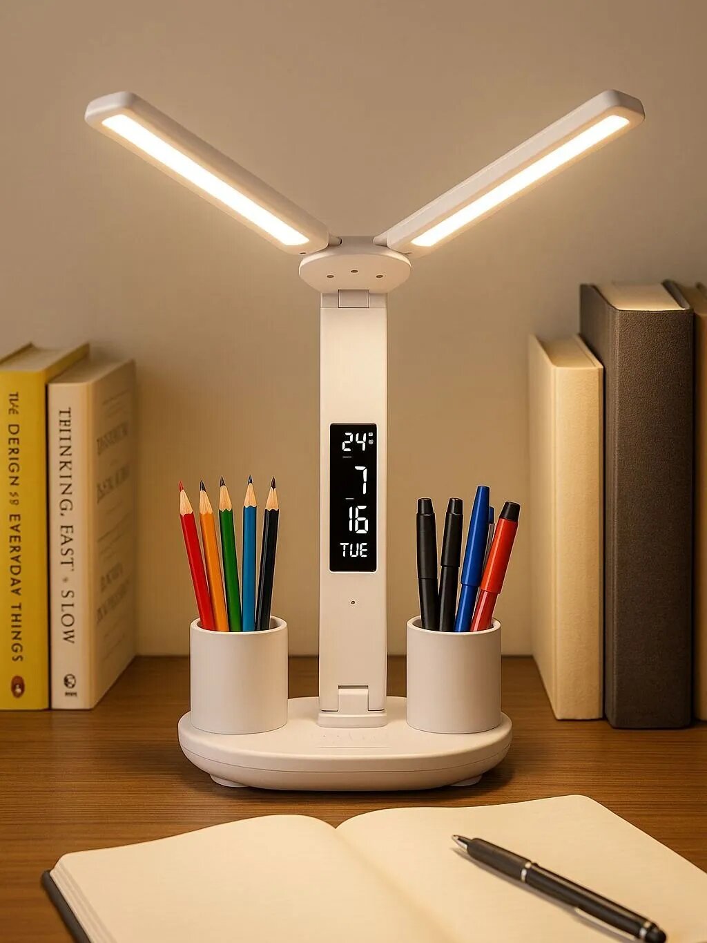 Настольная светодиодная LED лампа для школьника с аккумулятором часами и органайзером