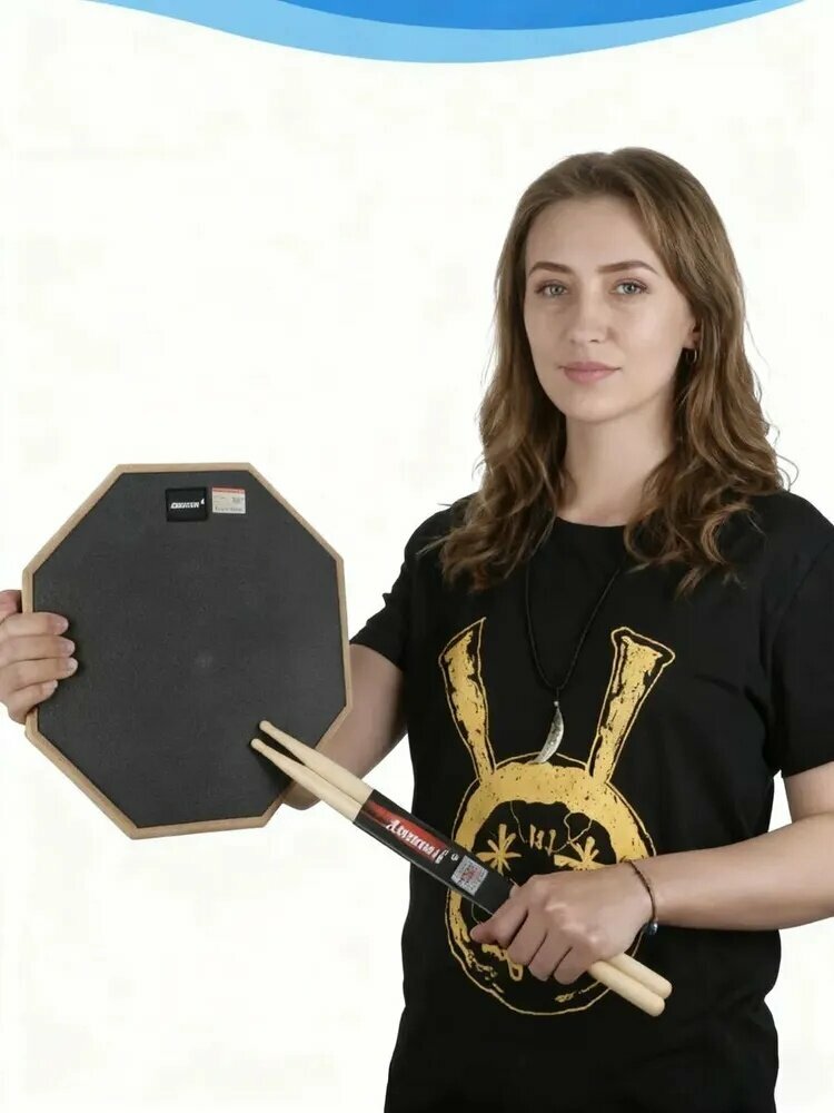 Пэд тренировочный для барабанов drum pad диаметр 30см восьмиугольный, барабанных палочек