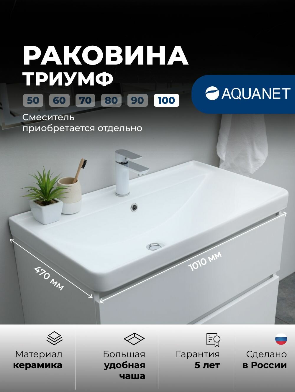 Раковина для ванной встраиваемая Aquanet Триумф 100 см