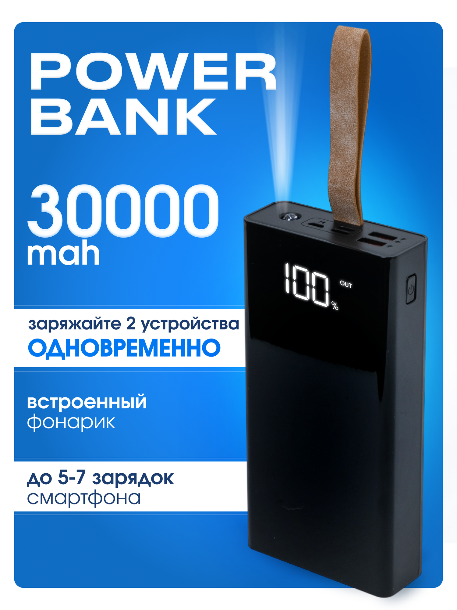Повербанк 30000mah, внешний аккумулятор 30000mah, powerbank, зарядка 2 устройств, кабель в комплекте, фонарик