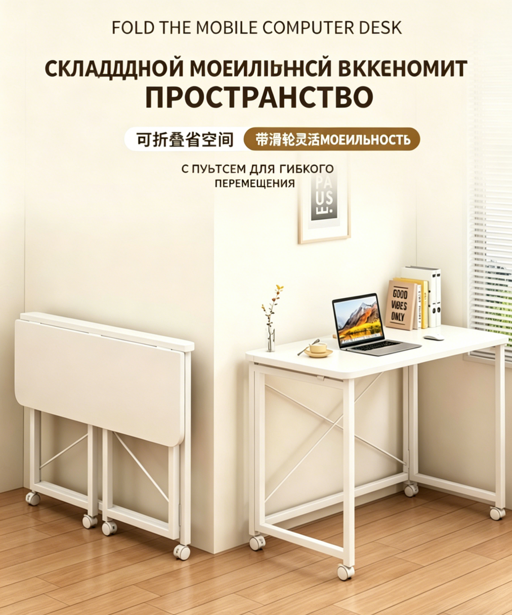 Складной стол 80х40 см, белый столешница + белая рама, легкий мобильный стол