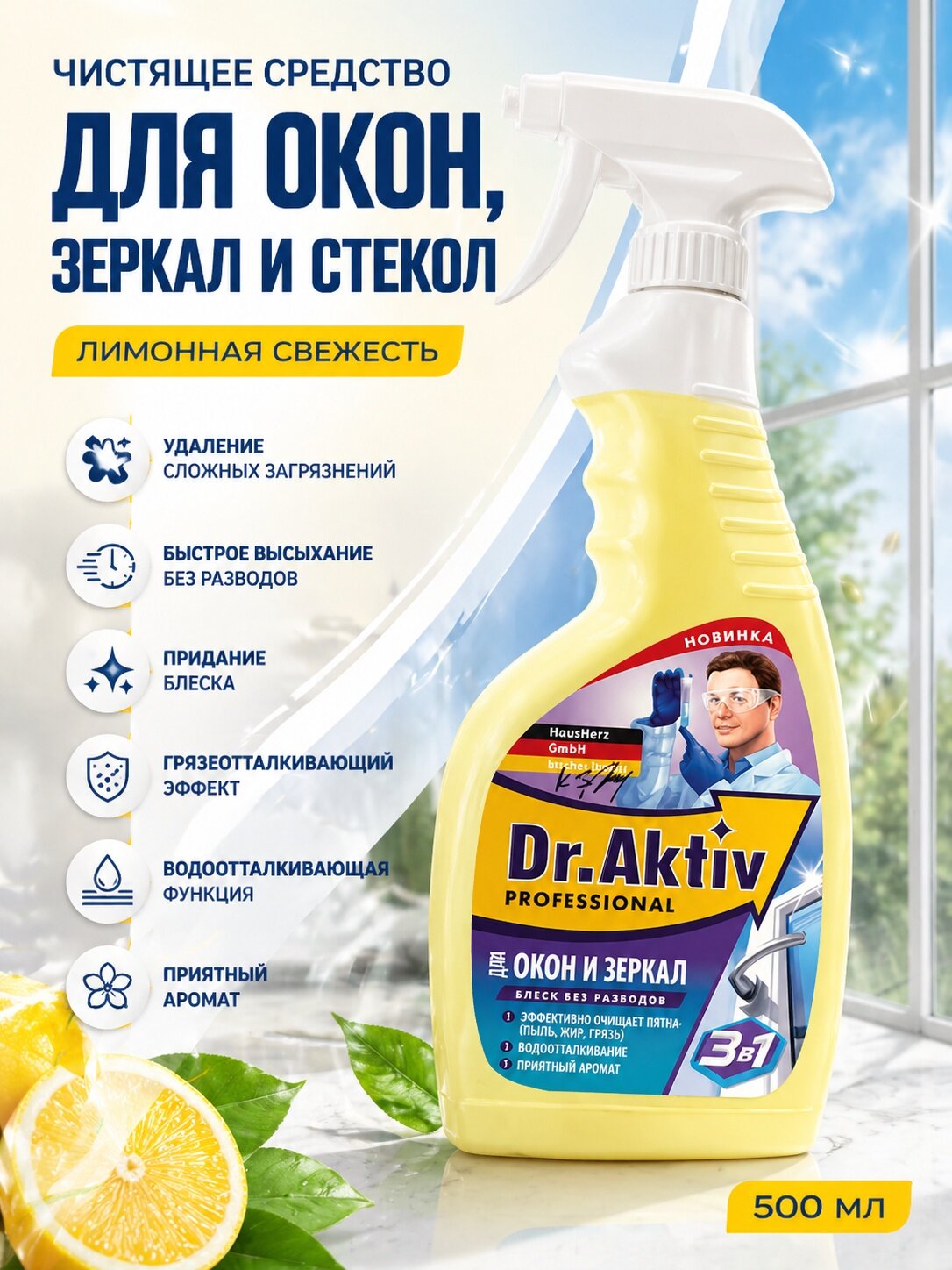 Средство для мытья окон, зеркал и стеклянных поверхностей Dr.Aktiv "Лимонная свежесть" 500 мл спрей