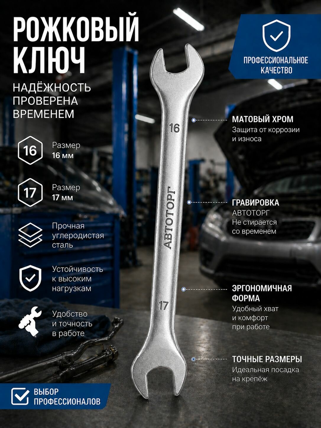 Ключ рожковый 16x17 мм профессиональный CrV матовый хром инструмент для ремонта авто и дома