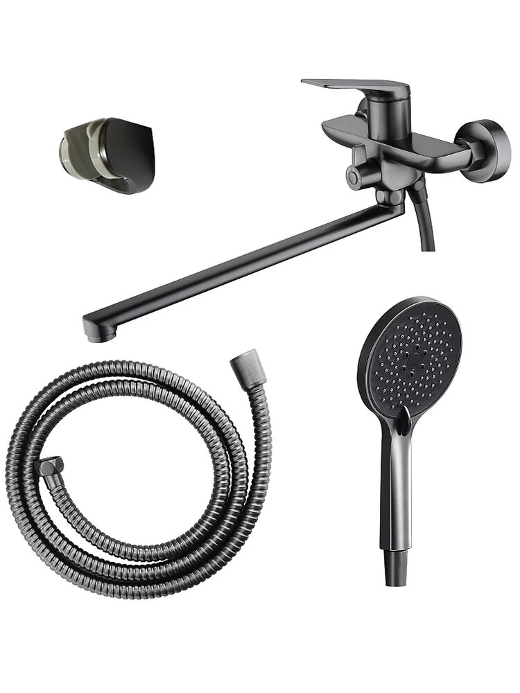 Смеситель для ванны с длинным изливом AZARIO Lursy AZ-K1749GR с душевым гарнитуром, поворотный, латунный, черный, серый, матовый, смеситель для ванны с душем, рычажный, с настенным держателем