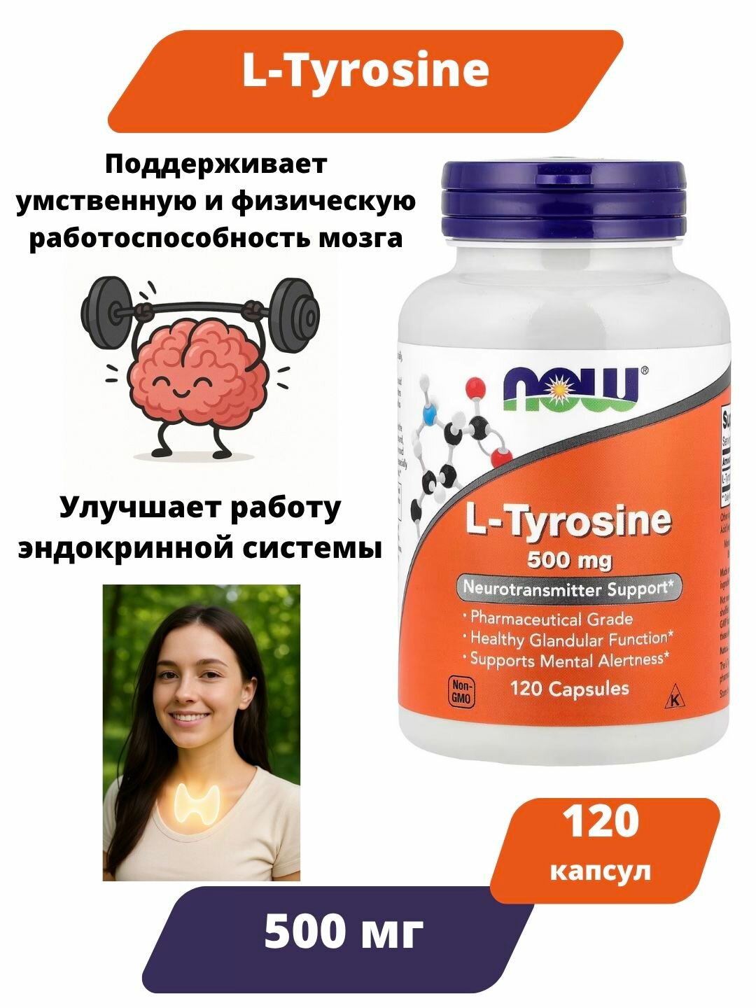 Now Foods L-TYROSINE 500mg 120 CAPS/Пищевая добавка Л-Тирозин 500 мг 120 капсул
