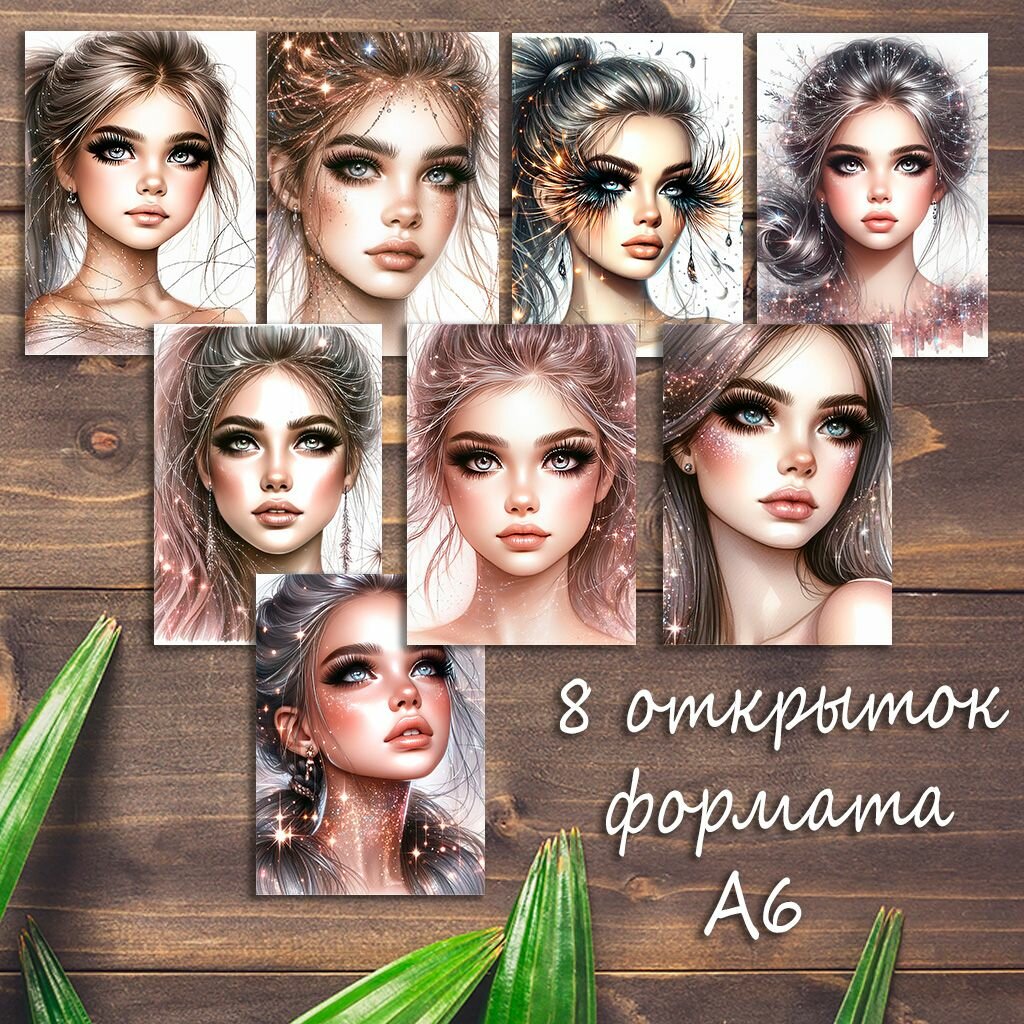 Большой набор открыток Девушки, 8 штук