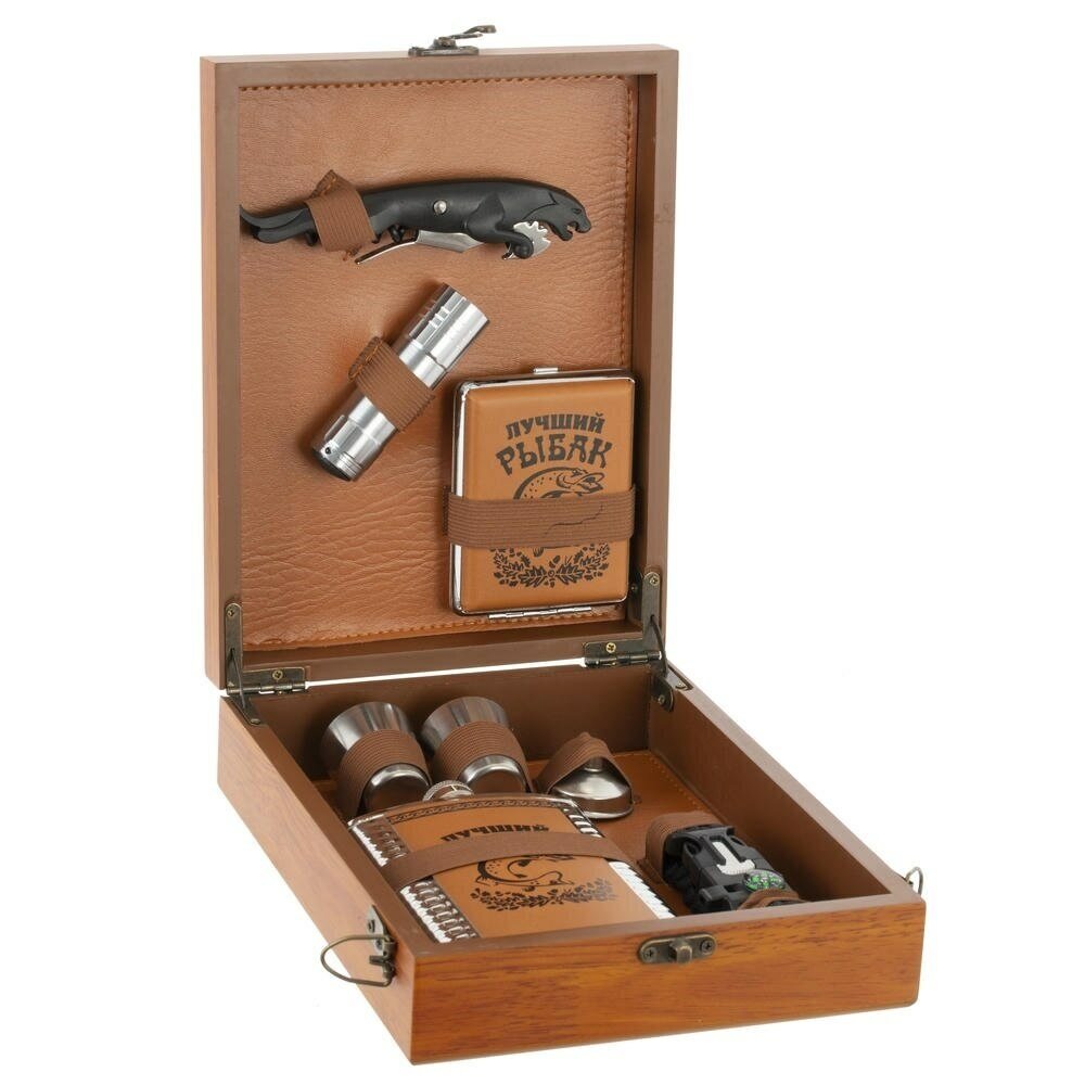 Набор подарочный (фляжка 220 мл, 2 стопки, воронка, портсигар, фонарь, мультитул), L=18,5 W=24 H=6,5