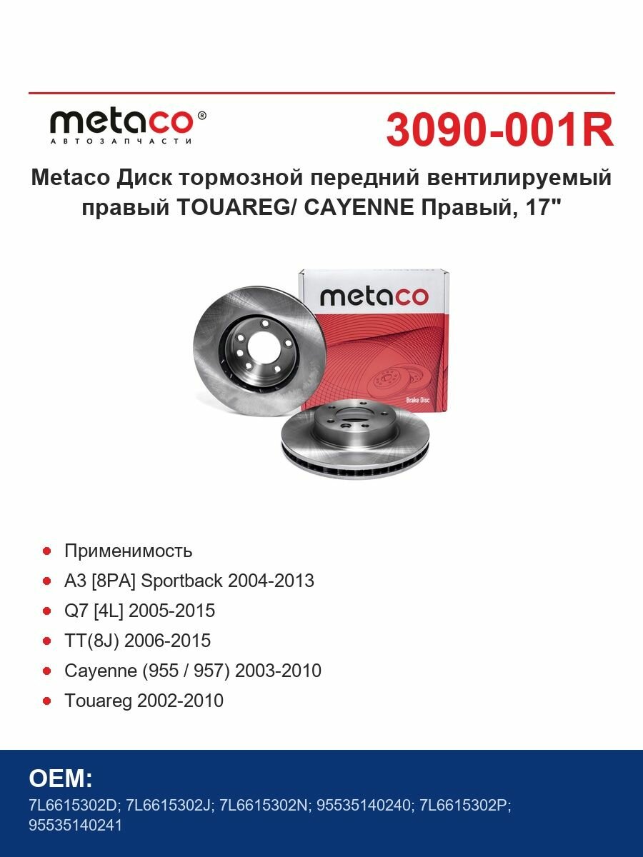 Metaco Диск тормозной передний вентилируемый правый TOUAREG/ CAYENNE Правый, 17"