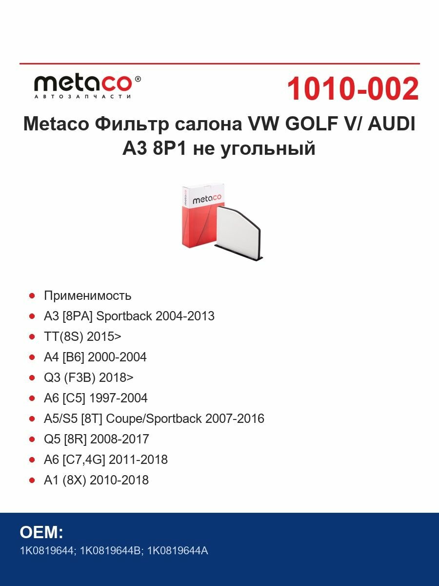 Metaco Фильтр салона VW GOLF V/ AUDI A3 8P1 не угольный