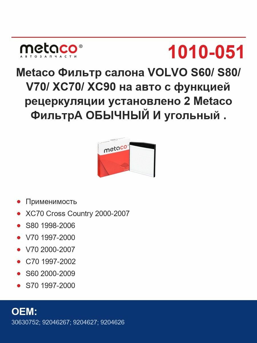 Metaco Фильтр салона VOLVO S60/ S80/ V70/ XC70/ XC90 на авто с функцией рецеркуляции установлено 2 Metaco ФильтрА обычный И угольный .