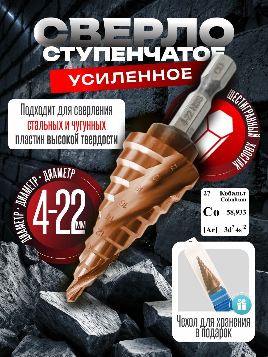 Сверло ступенчатое кобальтовое по металлу 4-22