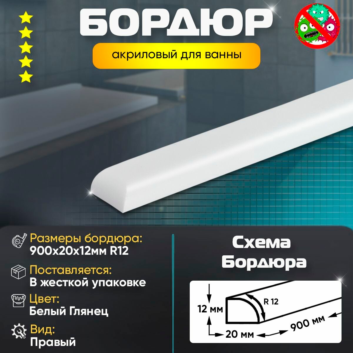 Плинтус бордюр акриловый для ванной комнаты радиус r12 12х20х900 правый / белый глянец