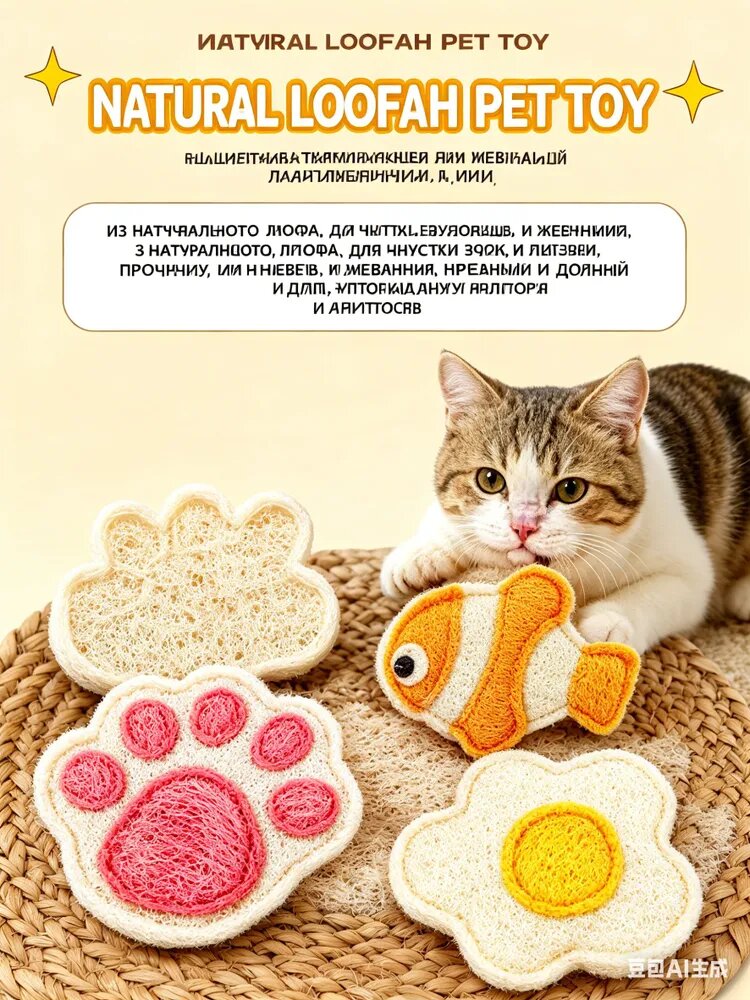 Игрушка для кошек и собак из натуральной люфы, для жевания и чистки зубов, в виде рыбы, лапки и цветка