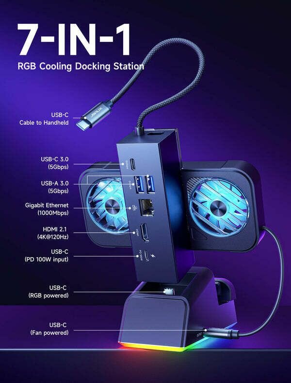 Док-станция (7 в 1) JSAUX HB0705 с охлаждением и RGB-подсветкой для ROG Ally X, ROG Ally, Steam Deck, Legion GO, черная