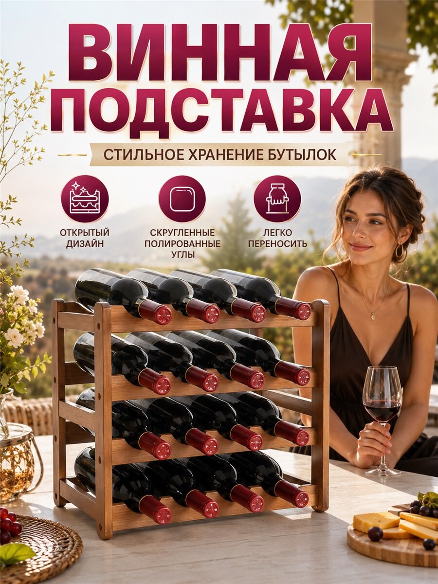 Винная подставка с несколькими ярусами, полированные края, устойчивая деревянная конструкция для хранения винных бутылок на столе