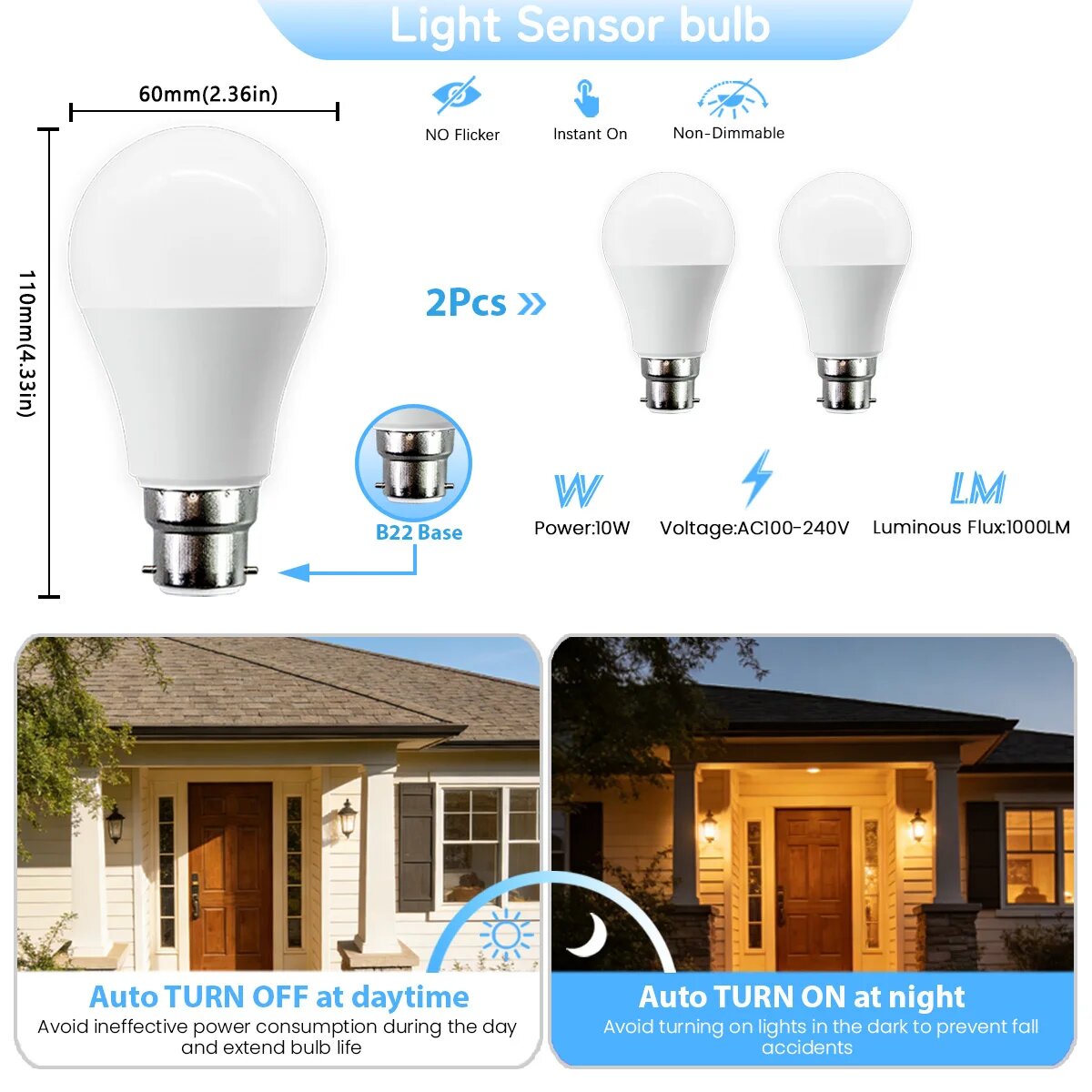 2x LED Лампа с датчиком света B22, 10W, 6000K