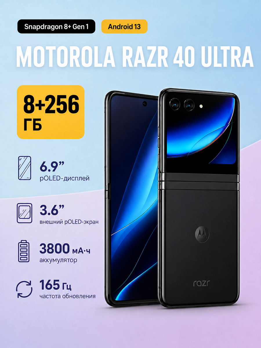 Смартфон Motorola Razr 40 Ultra 5G 8/256 ГБ, чёрный, складной, процессор Snapdragon 8+ Gen 1