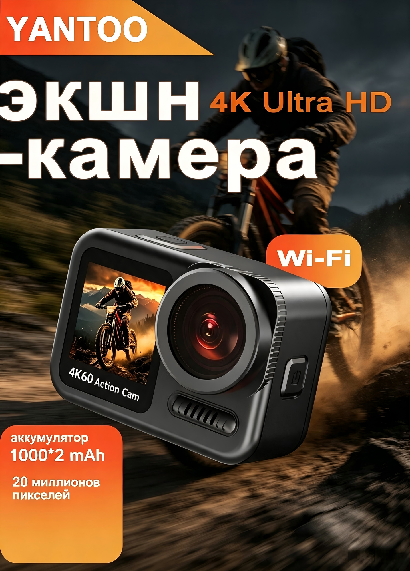 4K60 экшн-камера 860A: IMX376, 6-осевая стаб, 20M водозащита, 200 мин, Wi-Fi, двойной экран
