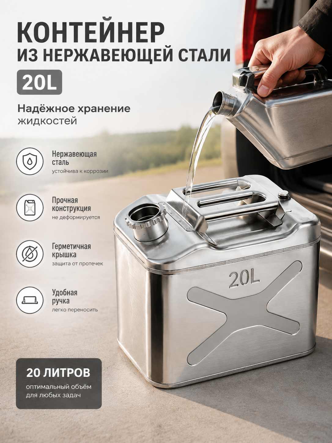 Канистра из нержавеющей стали 20 л для бензина, с крестообразным усилением, герметичной крышкой и ручкой