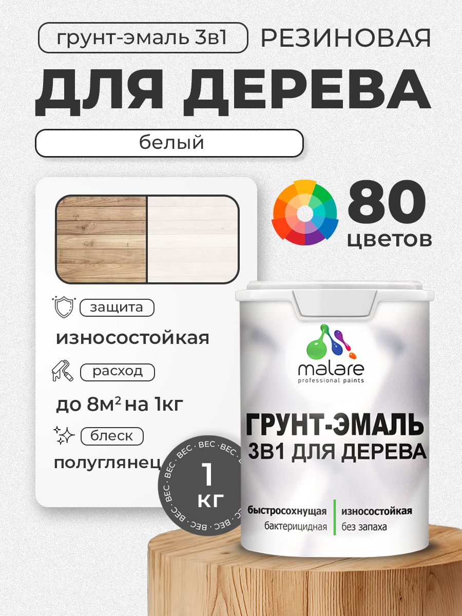 Резиновая Грунт-Эмаль 3 в 1 Malare для деревянных поверхностей/ краска по дереву с антисептическим эффектом/ быстросохнущая моющаяся без запаха полуглянцевая, белый, 1 кг