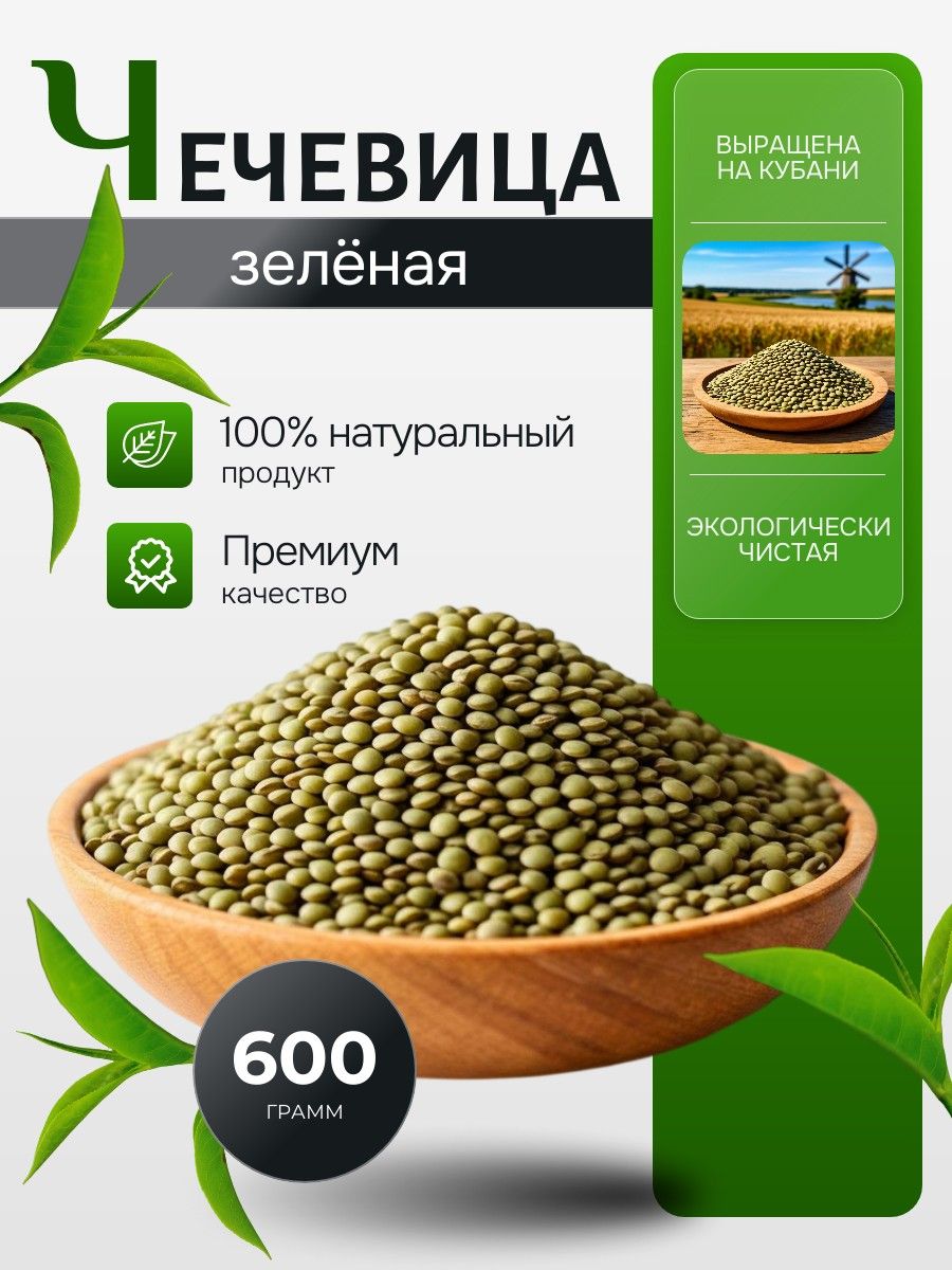 Чечевица зеленая тарелочная нешлифованная, 600г - отборная, цельная. Для салатов, гарниров, супов и рагу