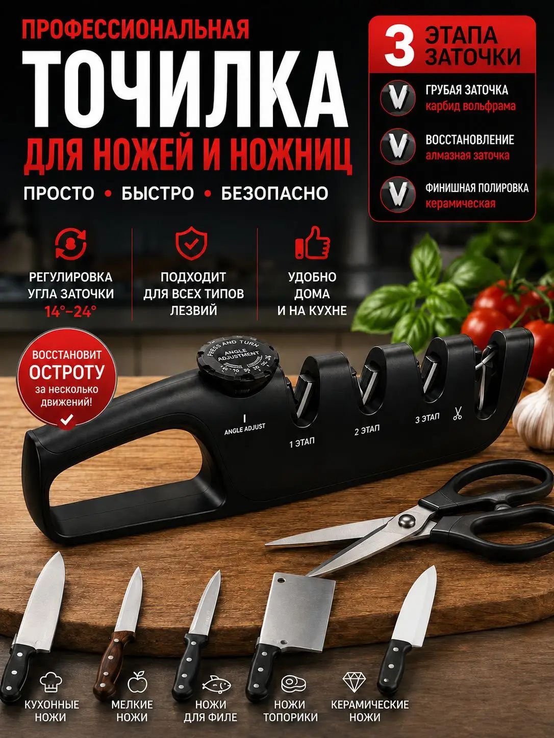 Настольная точилка для ножей 4 в 1: грубая, средняя, полировка алмаз/керамика/карбид, подарок для хозяек-ml