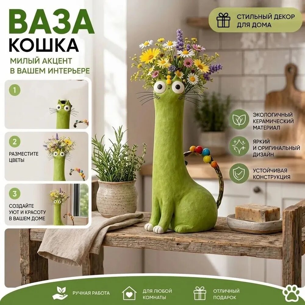 Ваза "Странный кот", 18.1 см , смола, 1 шт