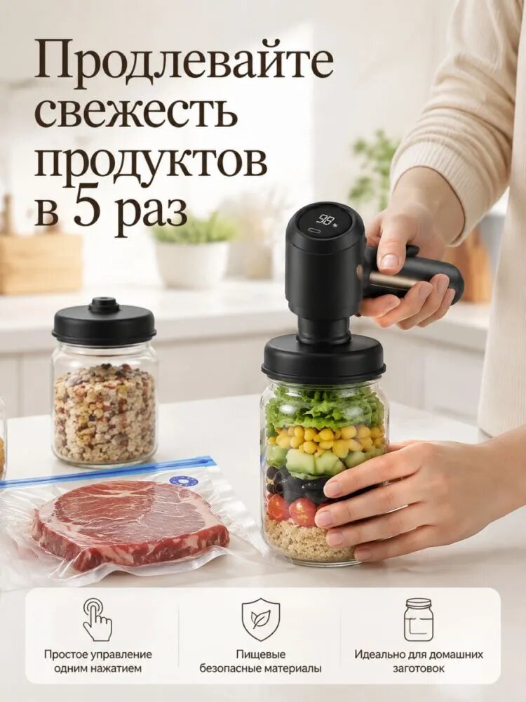 Портативный вакуумный упаковщик 3 в 1 для банок Масон и пакетов, электрический герметизатор продуктов с LED-дисплеем, набор 20 многоразовых пакетов + 10 крышек, аккумуляторный для дома