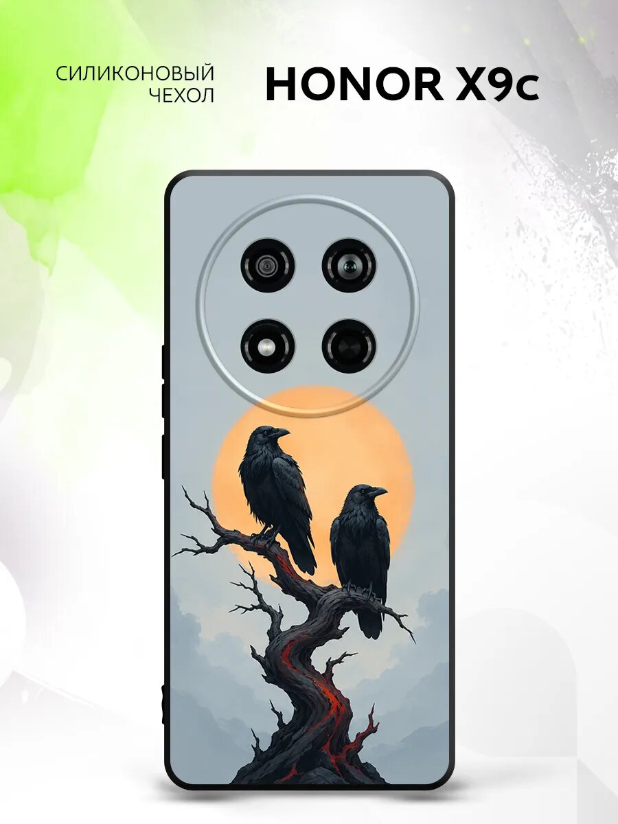 Чехол на Honor X9c, Хонор Икс9с защита камеры, накладка с рисунком вороны и солнце