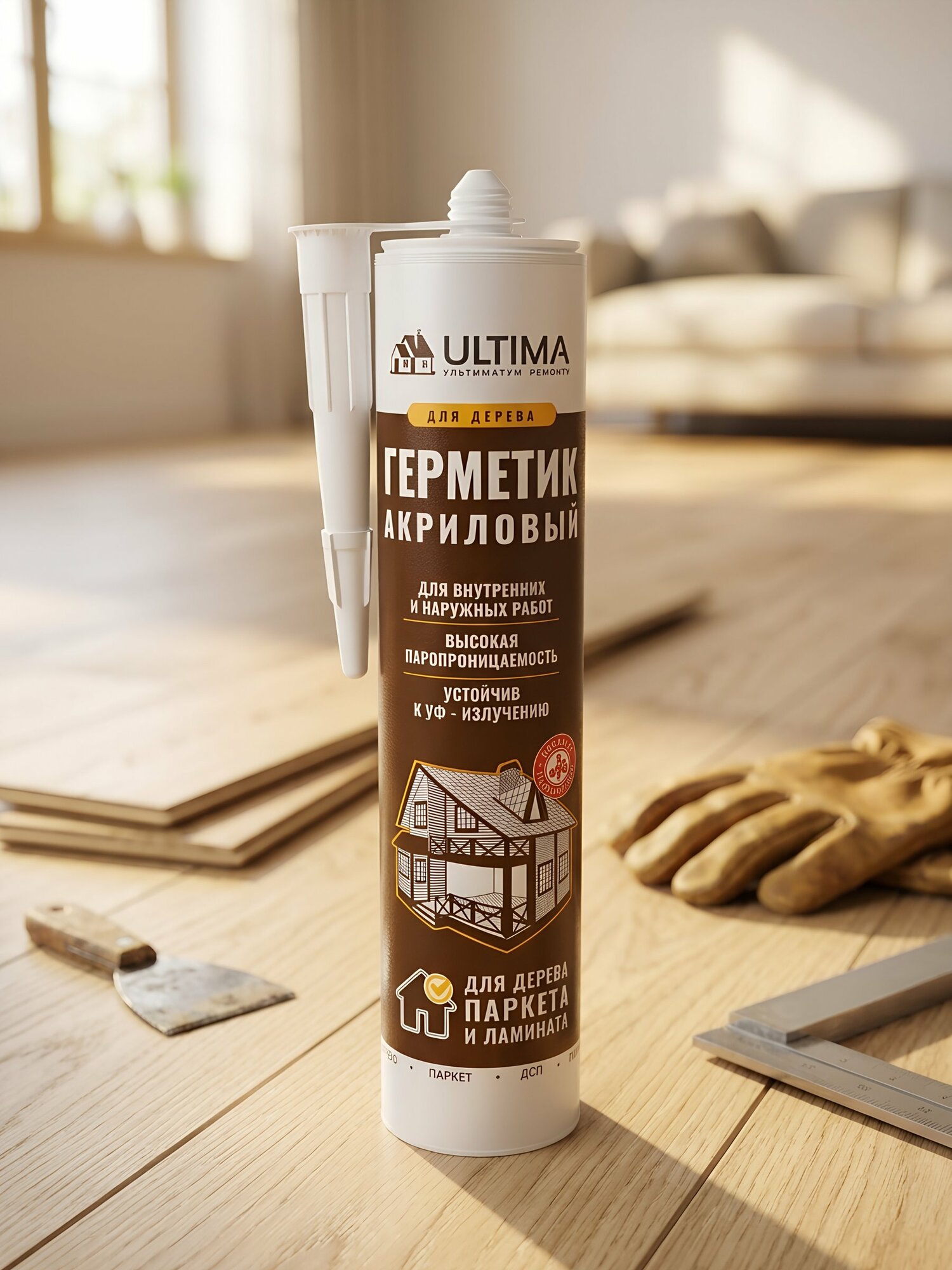 Акриловый герметик для дерева Ultima ULTО300, 300 г, цвет орех. Влагостойкий состав для паркета, ламината и швов, под пистолет.