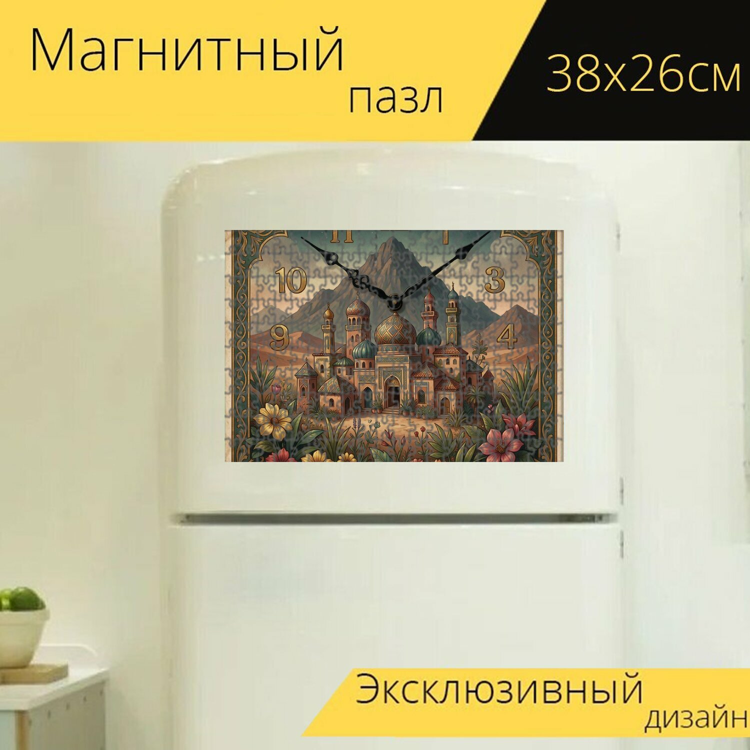 Магнитный пазл "Сказочный город у гор. Панорама с купольными башнями, минаретами и высокими вершинами, обрамленная цветочным орнаментом. Теплые песочные." для интерьера, 38х26 см.
