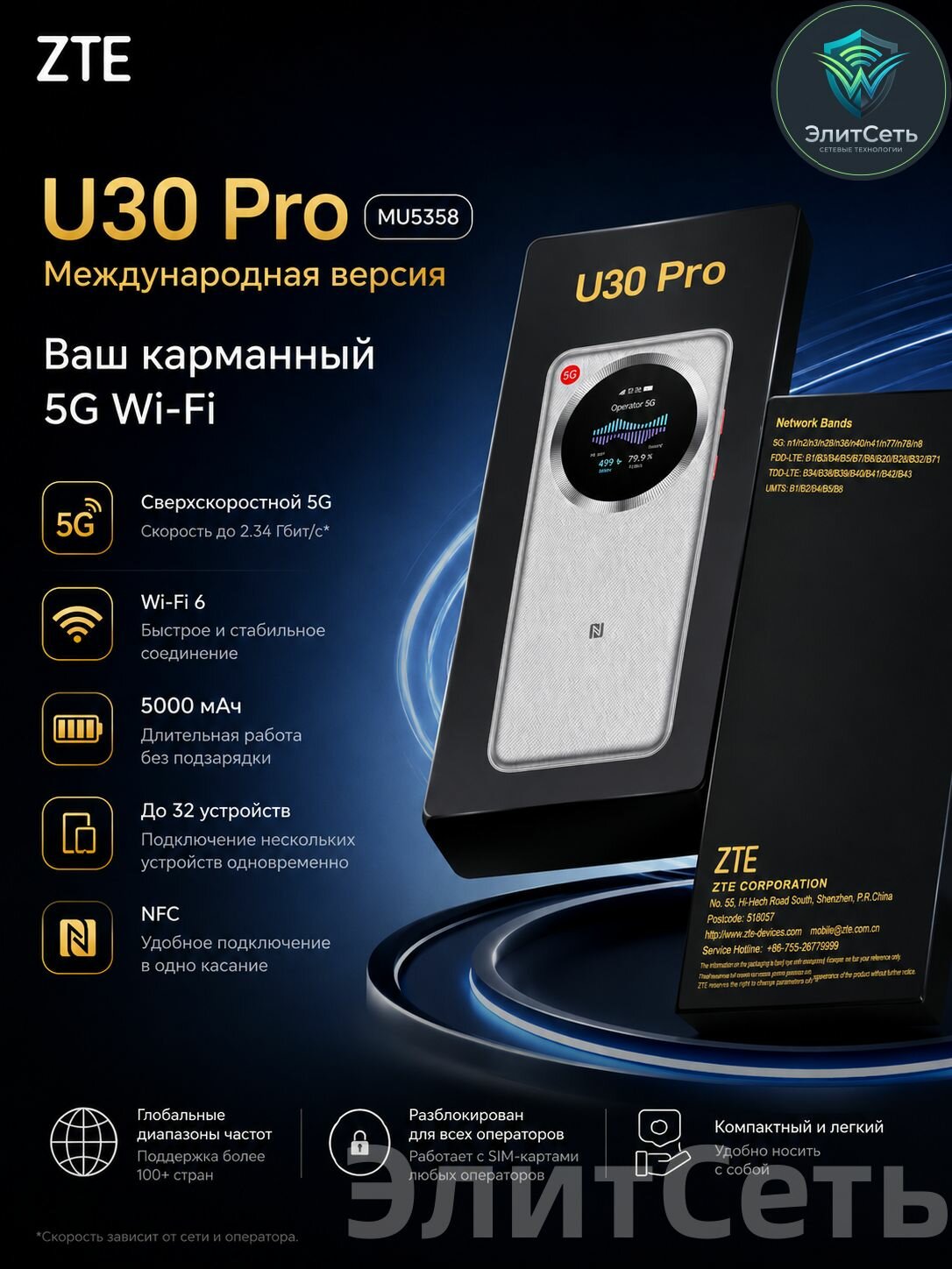 ZTE U30 Pro Международный вариант 5G MiFi, 16 устройств одновременно, USB-C, обратная зарядка