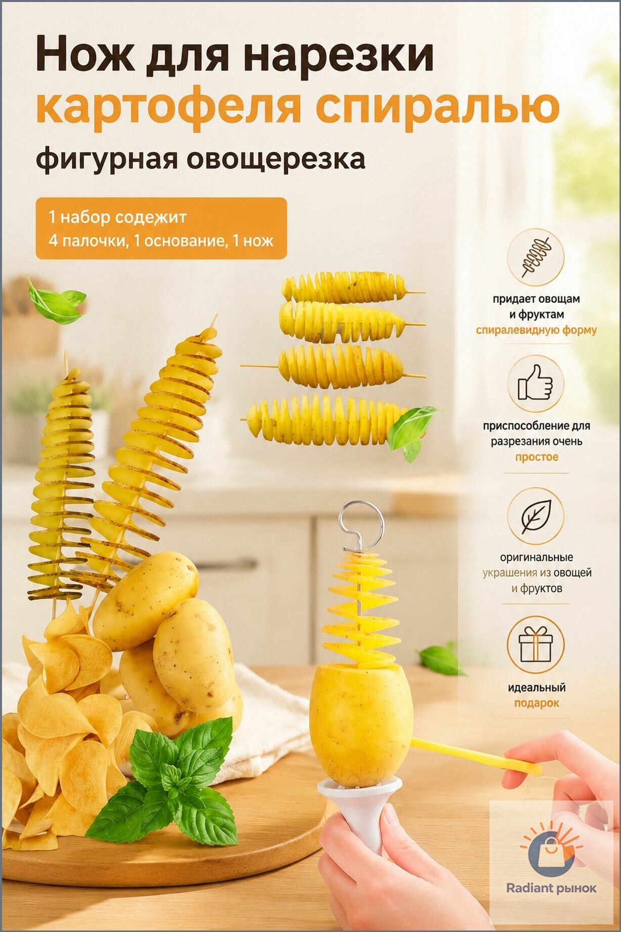 Нож для нарезки картофеля спиралью фигурная овощерезка 1 набор содержит 4 палочки, 1 основание, 1 нож