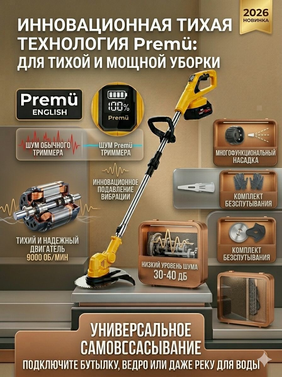 Триммер для травы Premu аккумуляторный, 9000 об/мин, для дачи