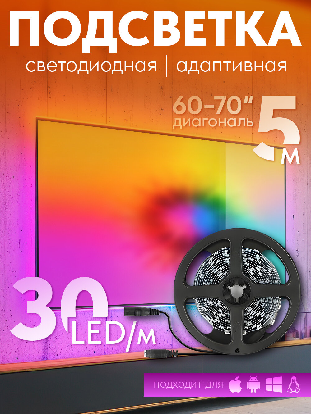 Умная светодиодная RGB лента для монитора или телевизора / Адаптивная подсветка LED 5 м