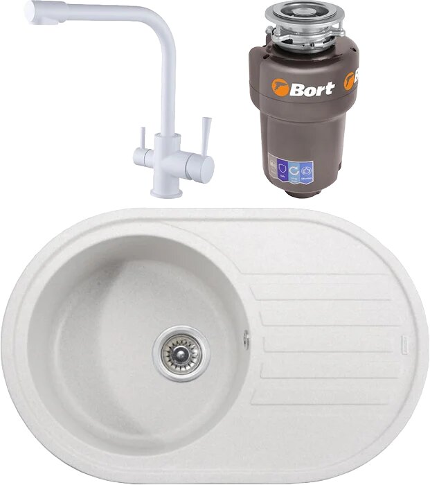 Комплект Мойка Kaiser KGM-7750-W 77x50, белая, искусственный гранит / Смеситель Merkur 26044-10 белый, белый / Измельчитель Bort Titan 5000 Control электрический, нержавеющая сталь
