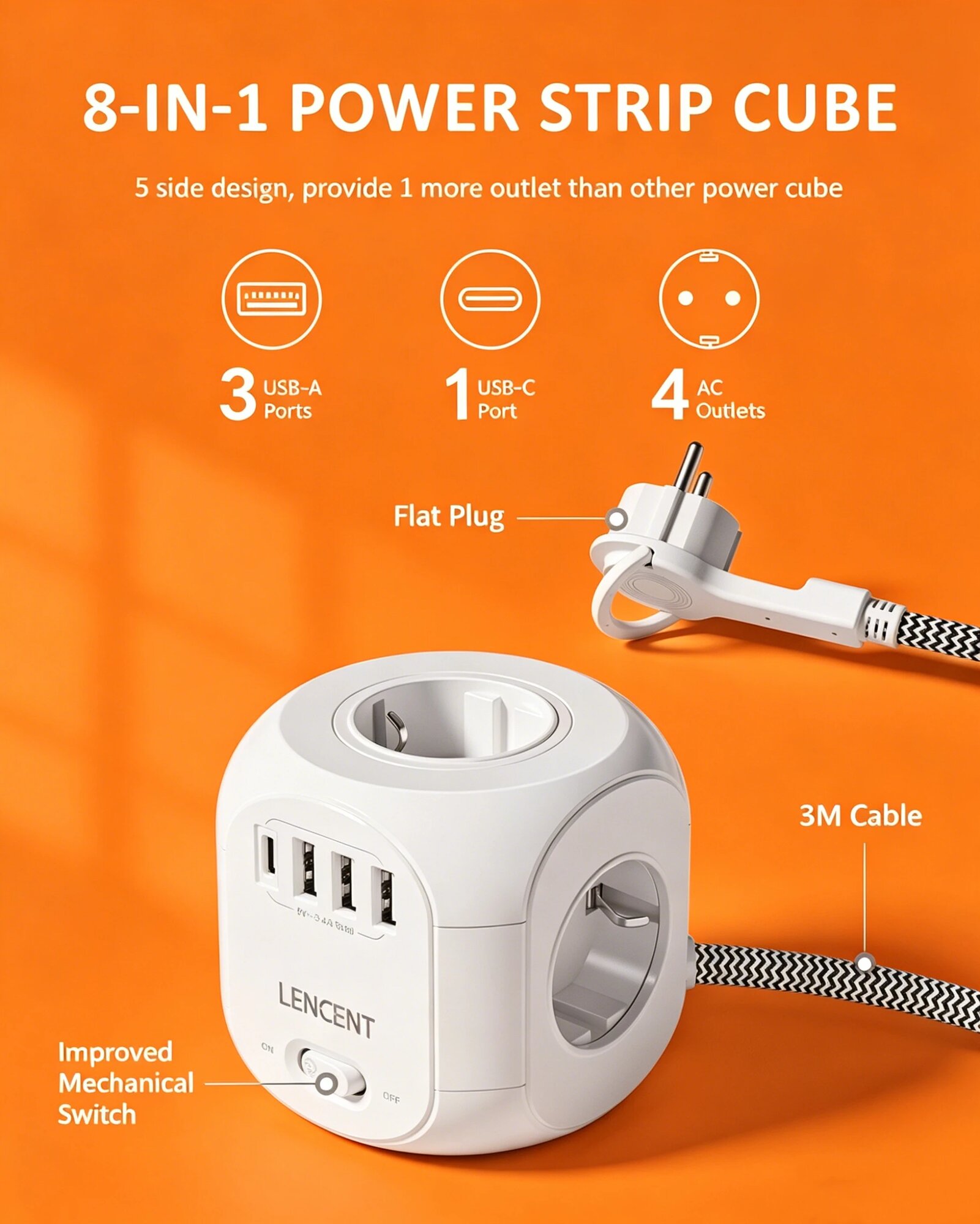 Удлинитель LENCENT 3M с 3 розетками, 3 USB, белый
