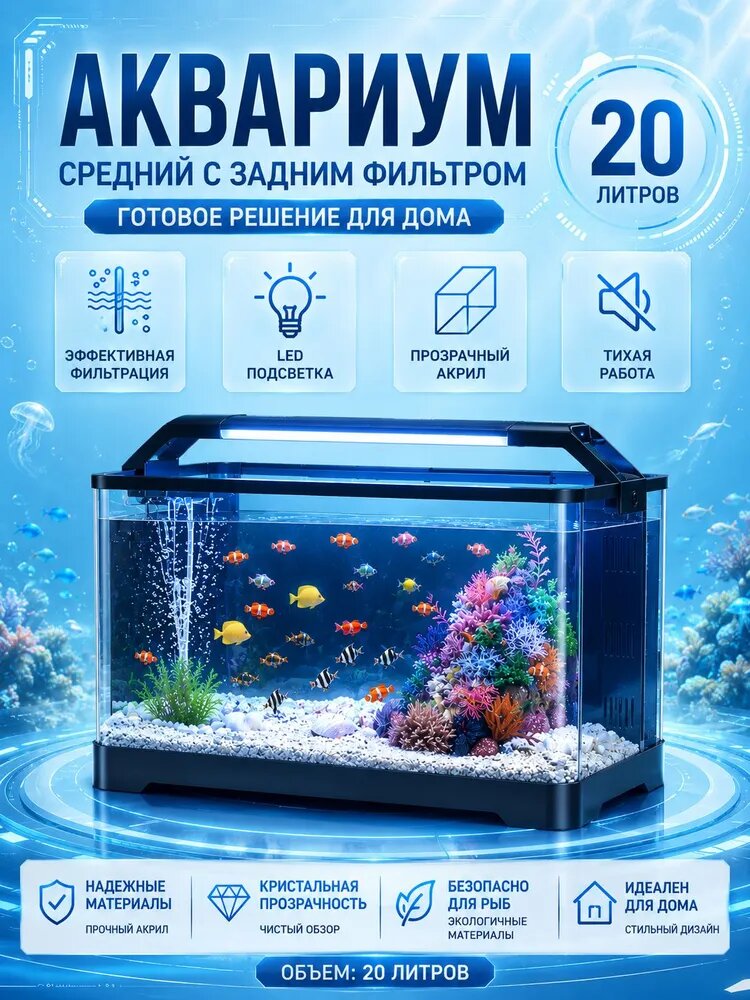 Аквариум для рыбок с подсветкой и фильтром 20 литров, готовое решение для дома