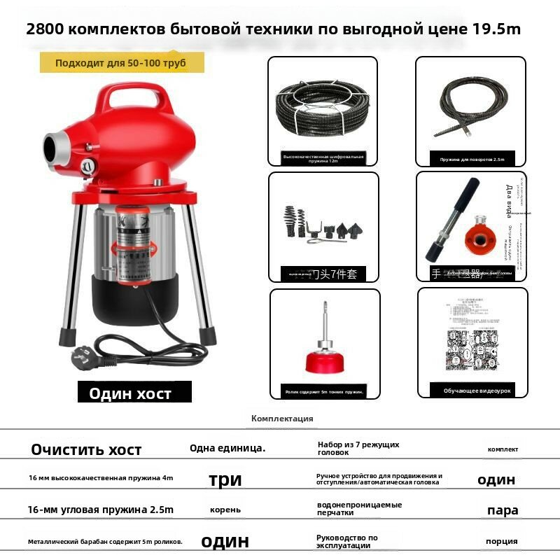 Машина для прочистки канализации GQ-80, медная обмотка, 2800Вт, 40 об/мин