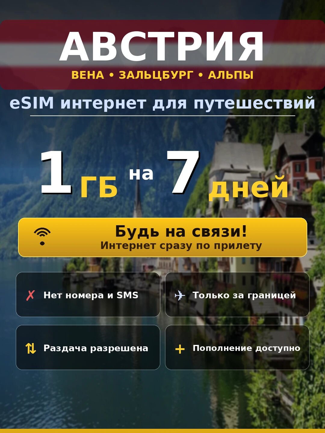 ESIM Австрия — мобильный интернет 1 ГБ на 7 дней | виртуальная SIM-карта для путешествий