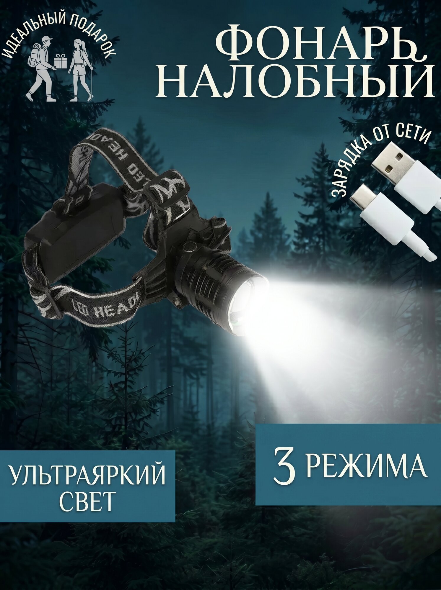Налобный фонарь светодиодный с влагозащитой,/Аккумуляторный, LED, для рыбалки, охоты/с зарядкой от USB