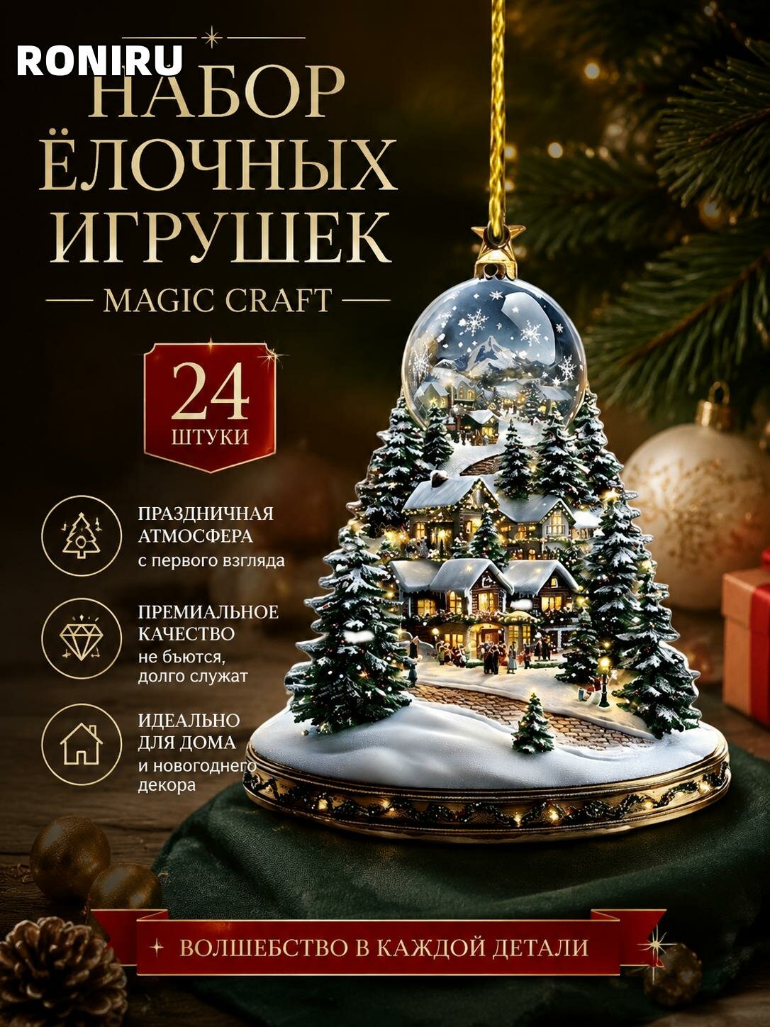 Набор елочных игрушек Magic Craft 24 шт — подвесные шары для украшения новогодней елки и праздничного декора дома