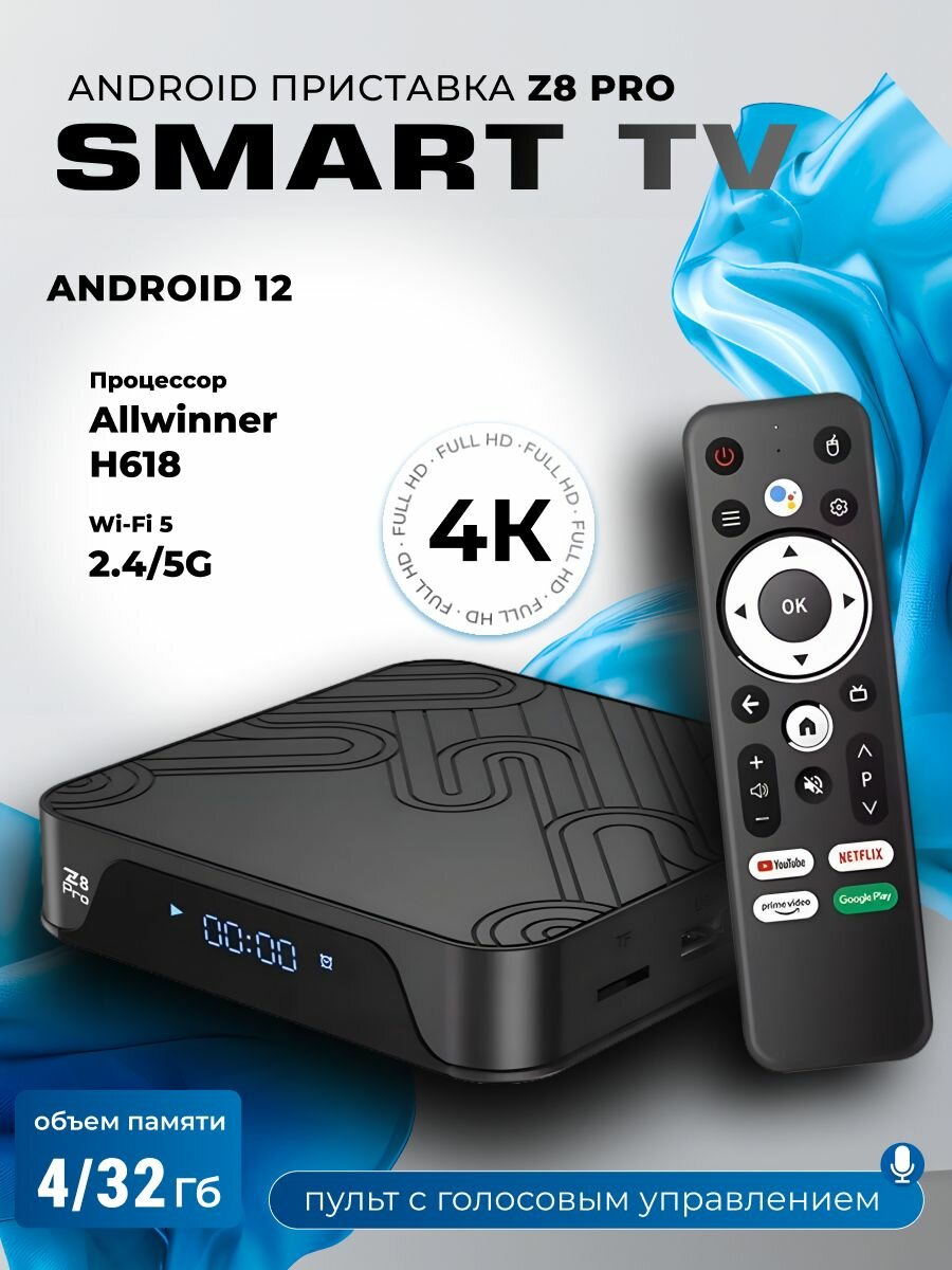 Смарт ТВ приставка Z8 PRO 4/32 Гб Allwinner H618 Android 12 Smart TV Box UHD 4K Media Player