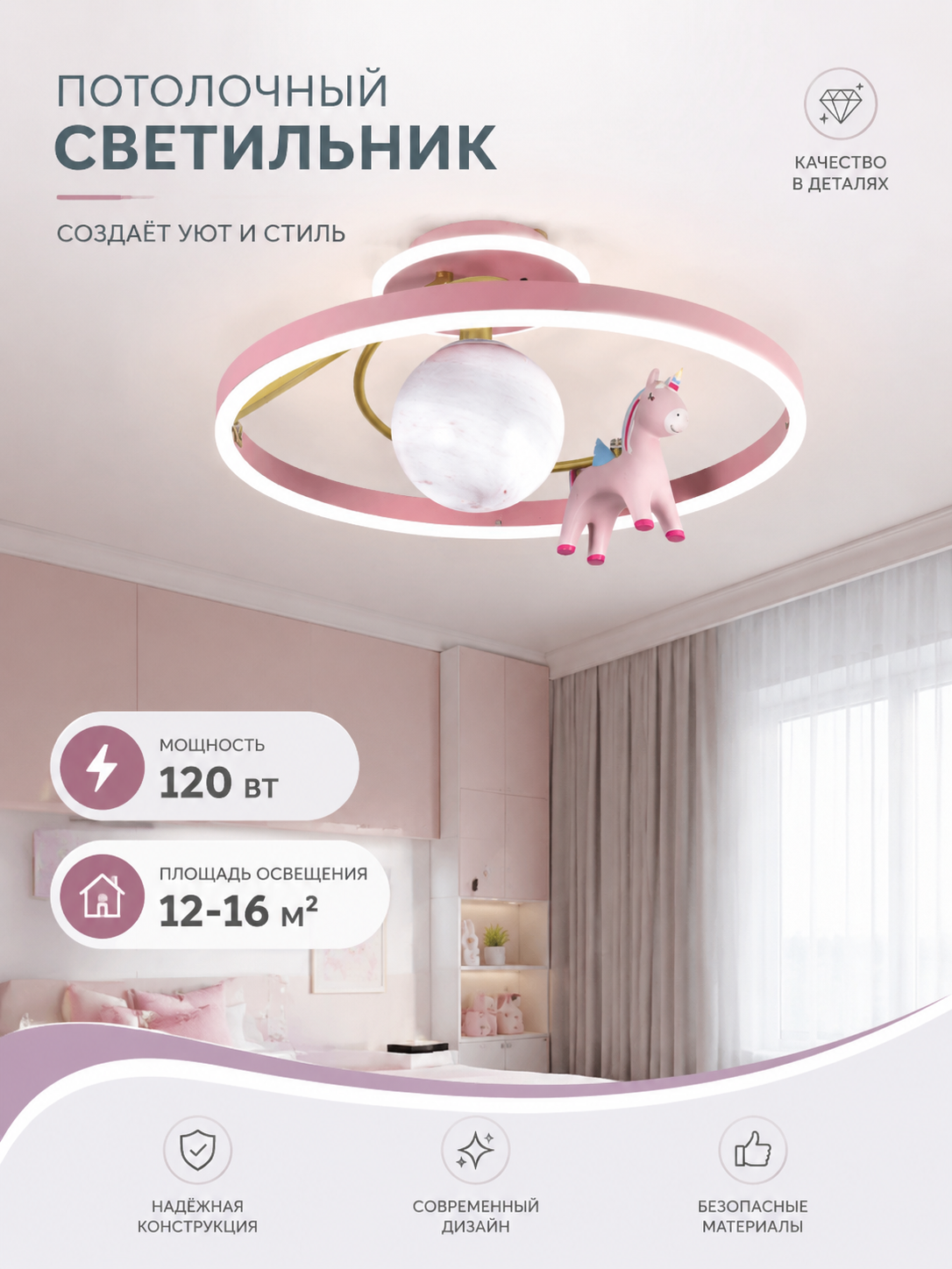 Люстра Потолочный светильник для детской комнаты led/676/50cm/120 Вт+E27*1/Розовая планета Мечта Пегас /Детский подарок