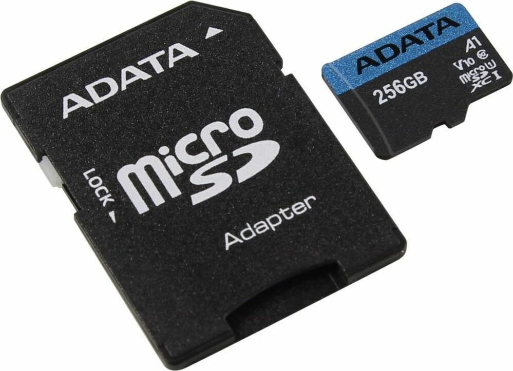 ADATA 256 ГБ Карта памяти microSDXC Premier (AUSDX256GUICL10A1-RA1), Class 10, запись - 10 Мбайт/сек, чтение - 100 Мбайт/сек, Черный, с адаптером SD