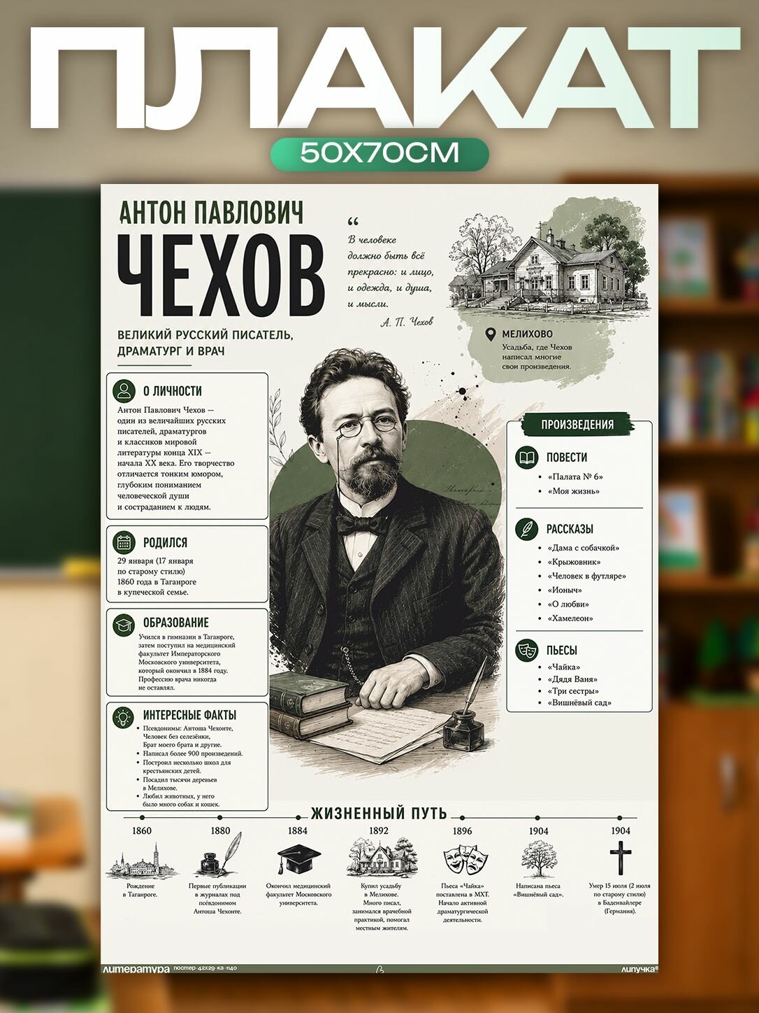 Постеры школьные Литература русский писатель Чехов, плакаты на стену