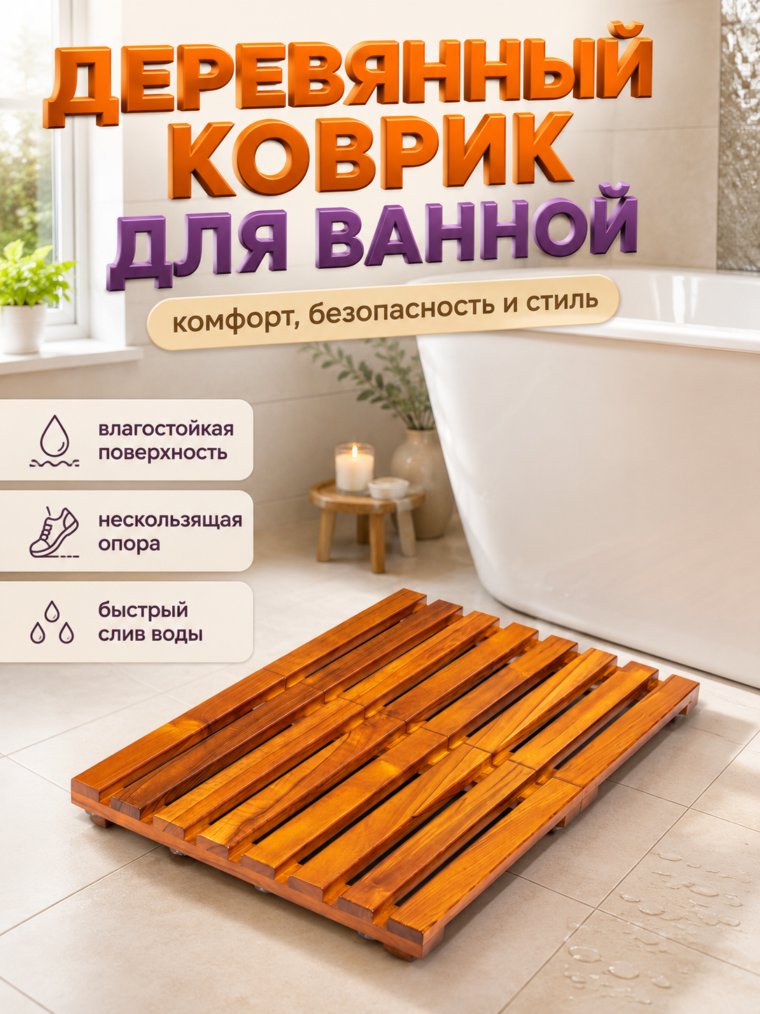 Деревянный коврик для ванной с влагостойкой поверхностью и нескользящими опорами, щелевая конструкция обеспечивает быстрый слив воды, гарантирует безопасность при выходе из ванны и душа