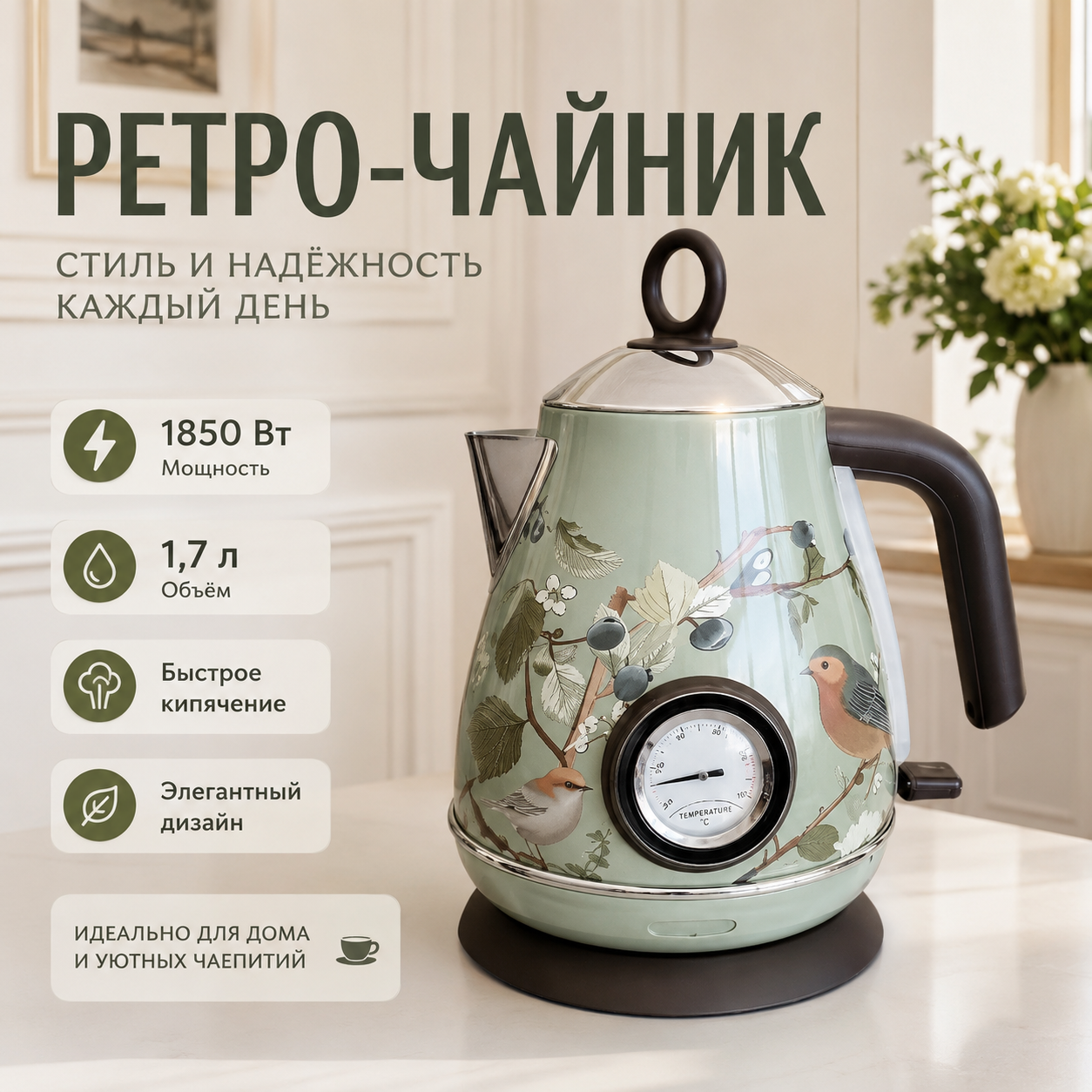 Электрический чайник HC-301 Qcooker, нержавеющая сталь, 1.7 л, 1850Вт