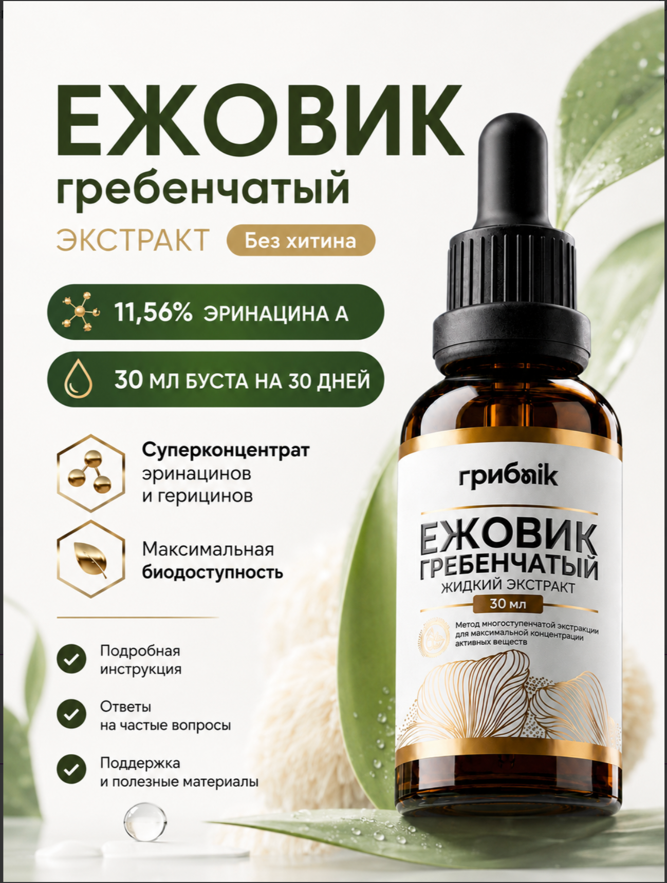Ежовик гребенчатый жидкий экстракт мицелий, ноотроп для мозга, 30 мл, грибnik