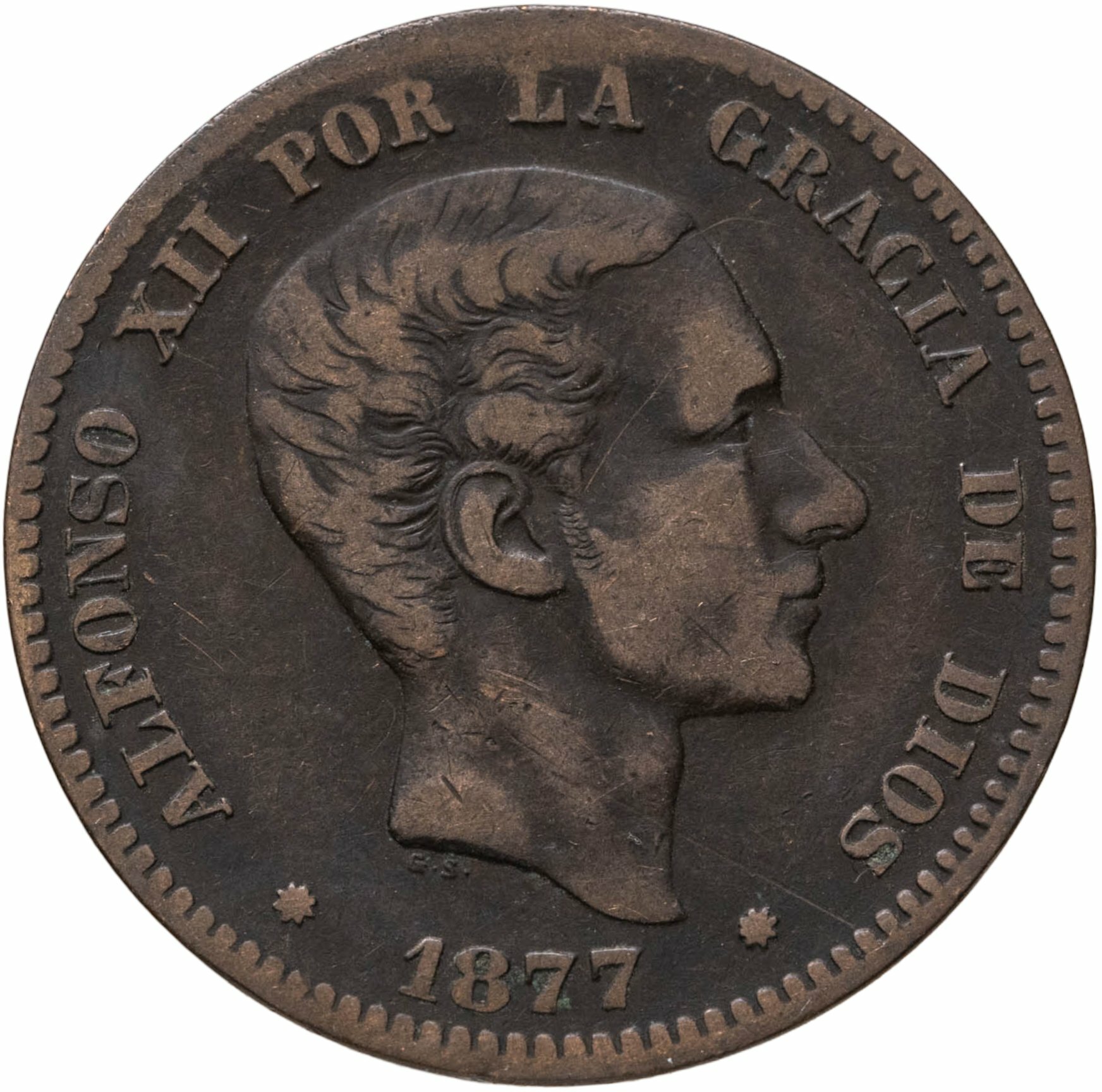 Испания 10 сентимо centimos 1877, Бронза, в сохранности VF-XF